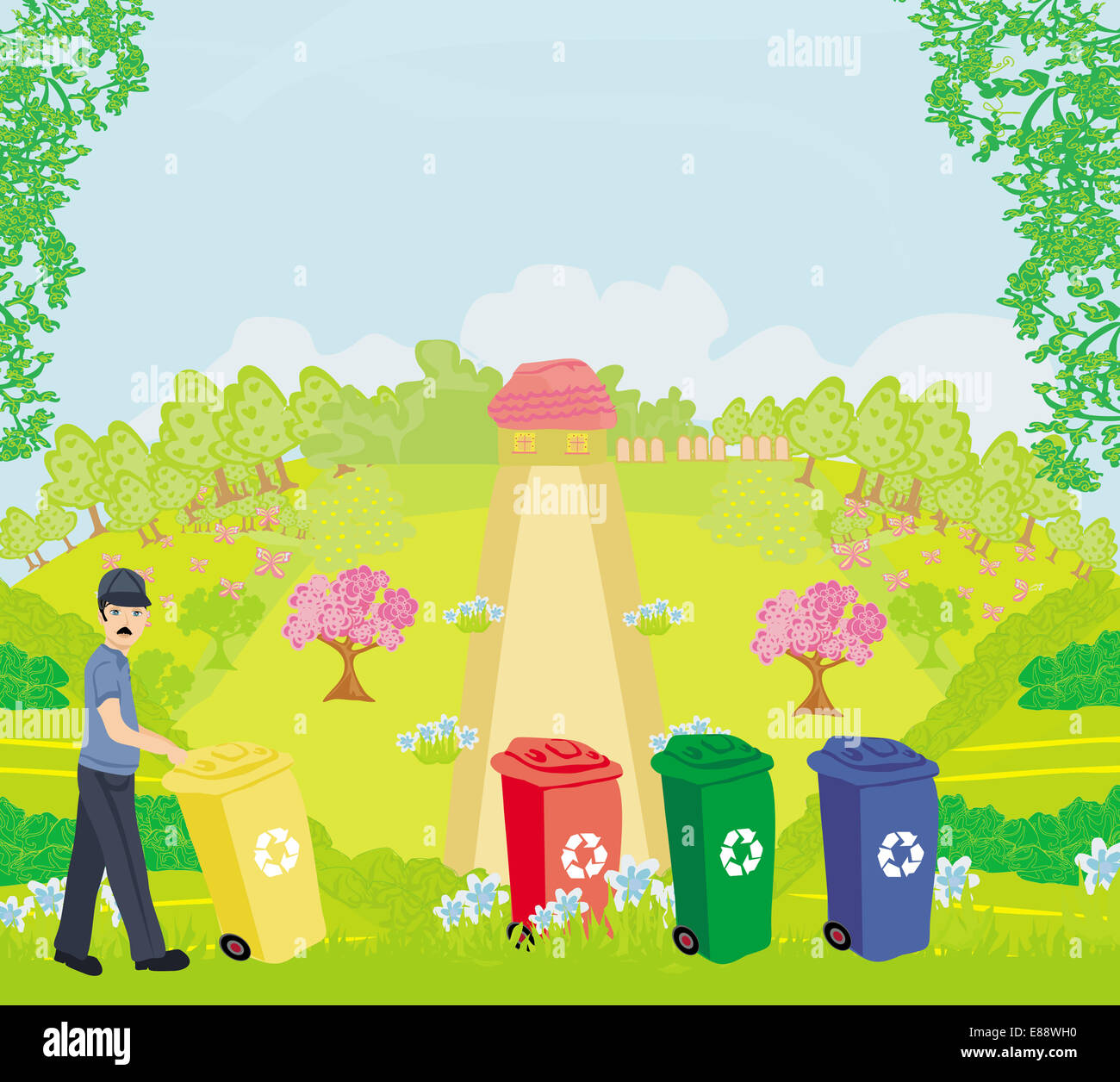Colorful recycle bins ecology concept with landscape Stock Photo - Alamy