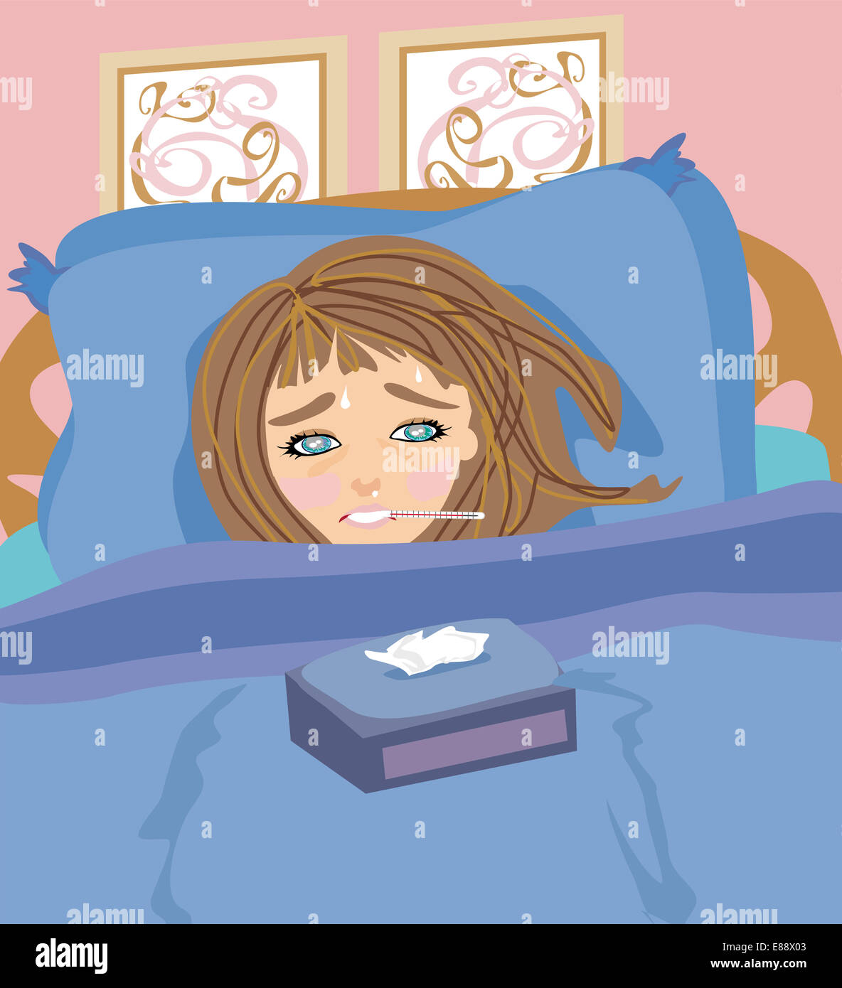 sick girl lying in bed Stock Photo - Alamy