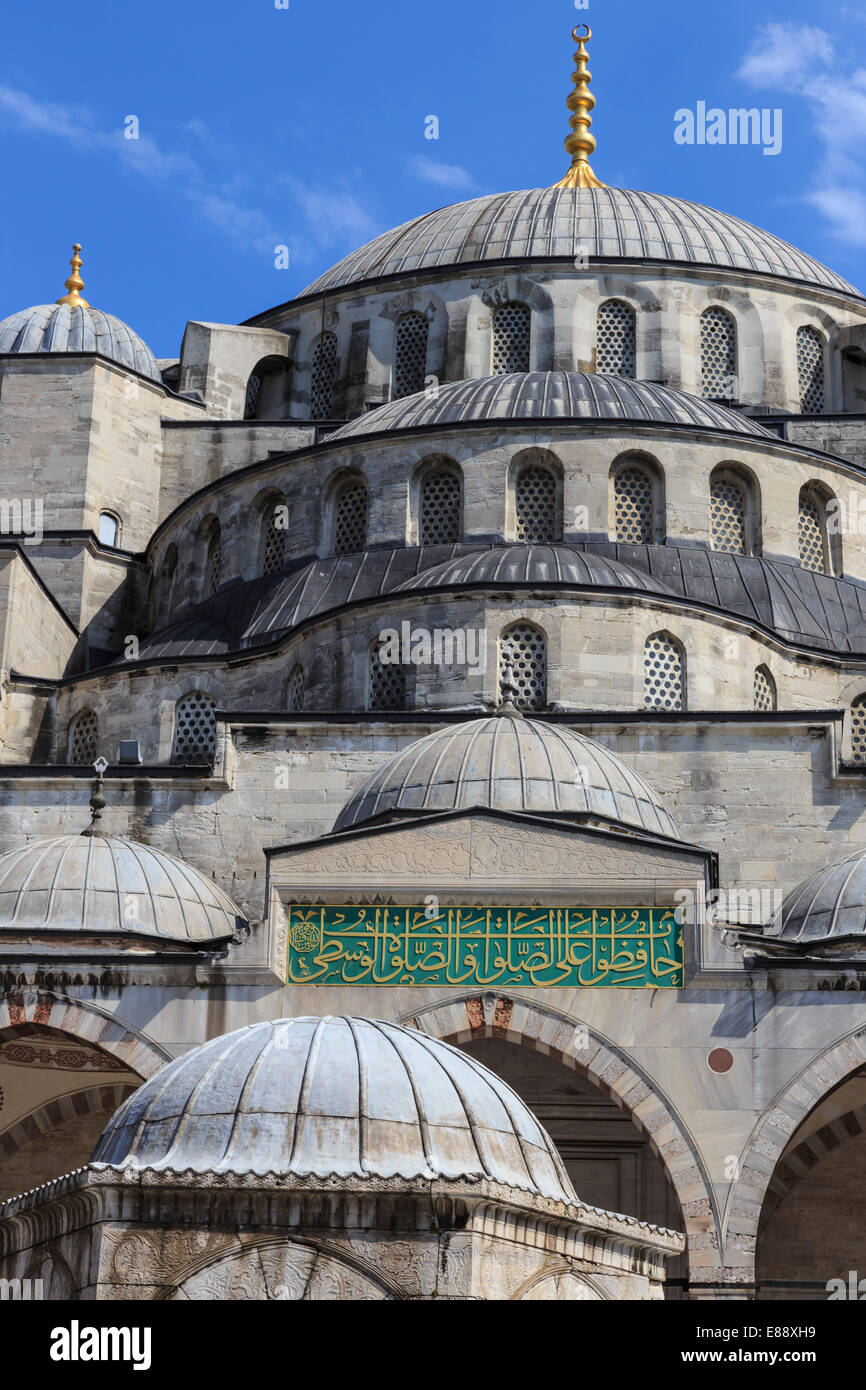 Blue Mosque domes under an intense blue sky, August afternoon ...