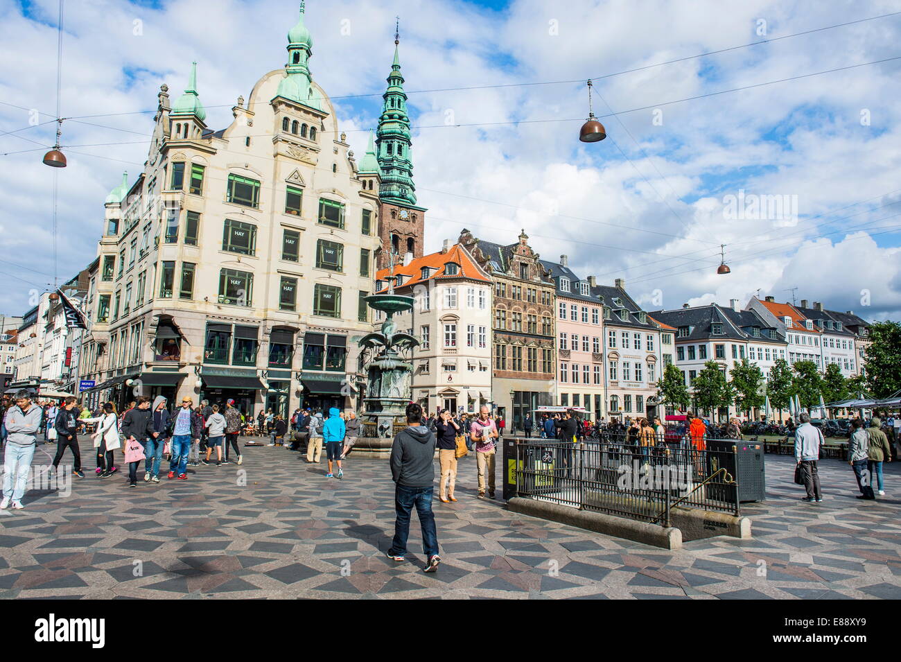Tourists in Amagertorv (Amager Square), part of the Stroget pedestrian ...