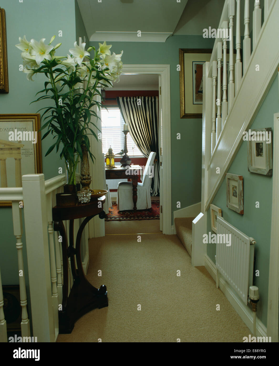 Traditional pastel blue hall with cream carpet Stock Photo - Alamy