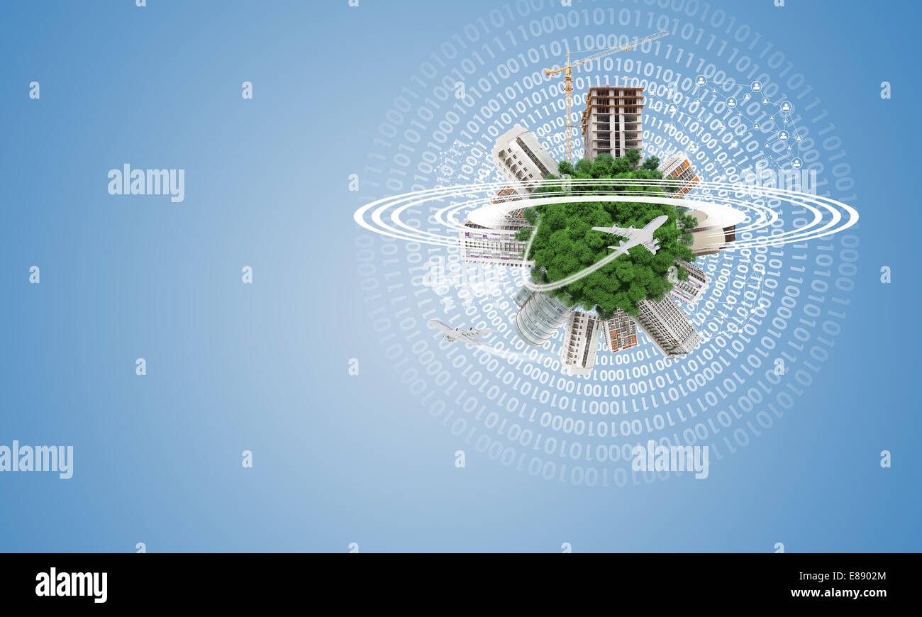 Green Earth with buildings, construction site and airplanes Stock Photo ...