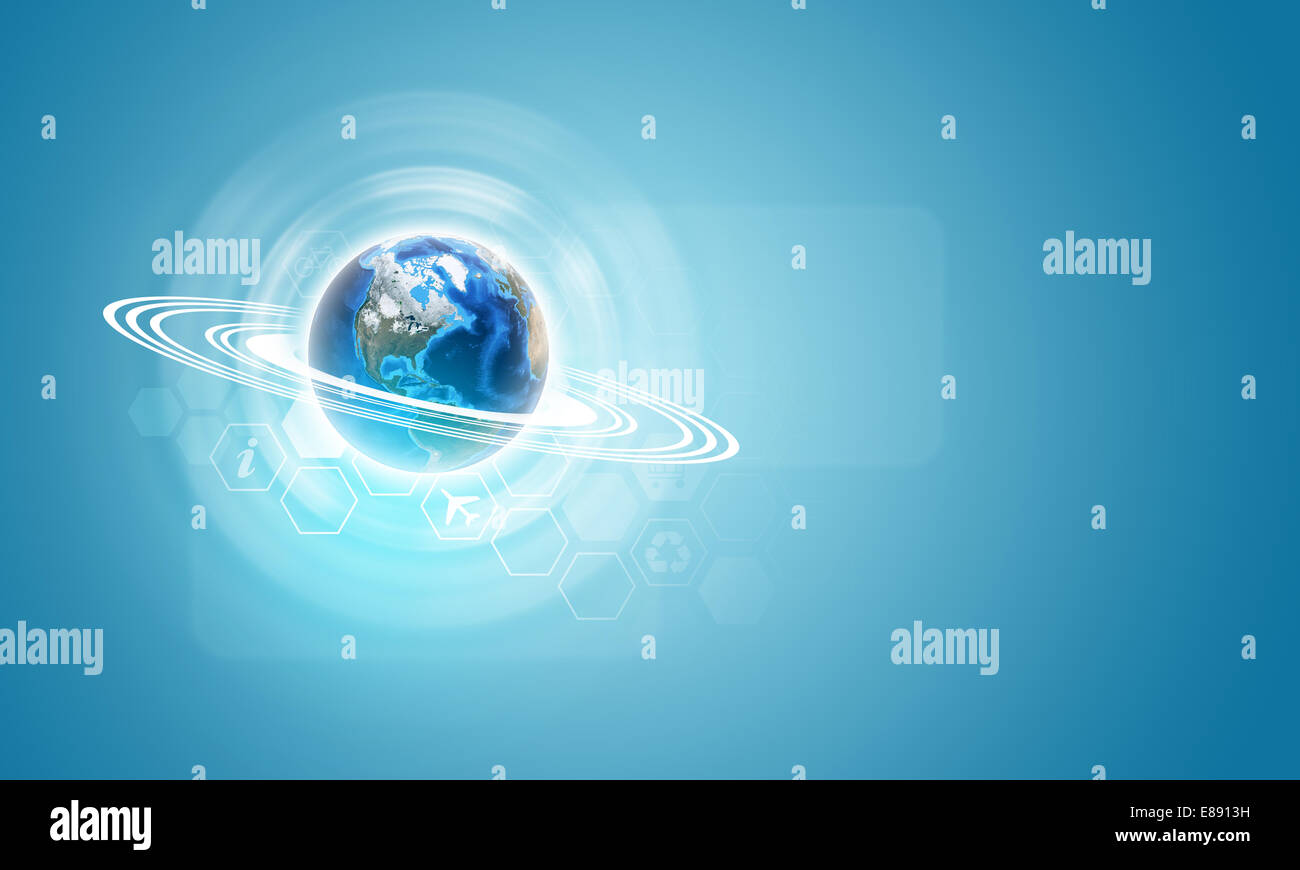 Earth and hexagons with icons Stock Photo - Alamy