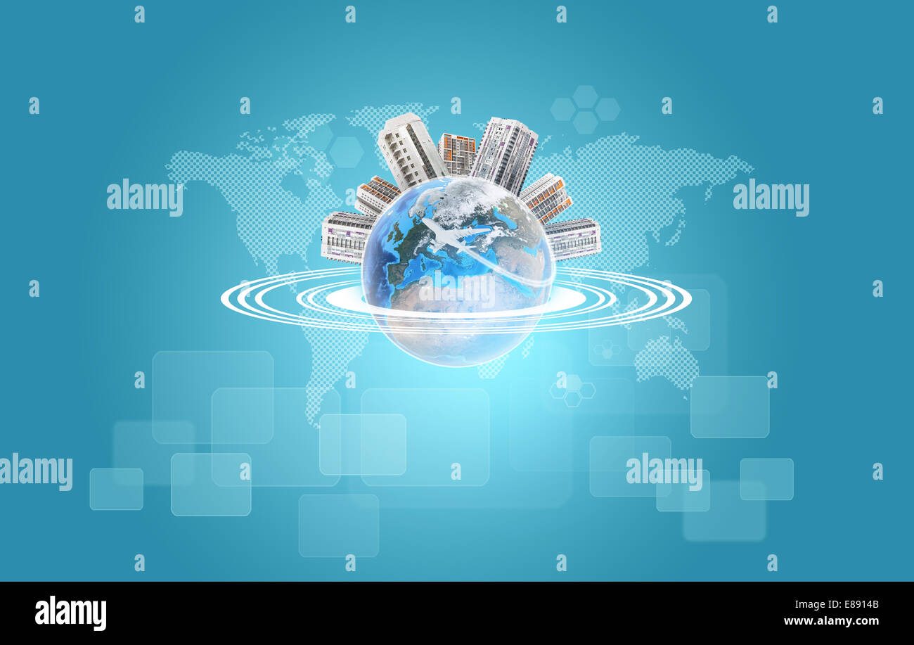 Earth with buildings and airplane. World map as backdrop Stock Photo ...