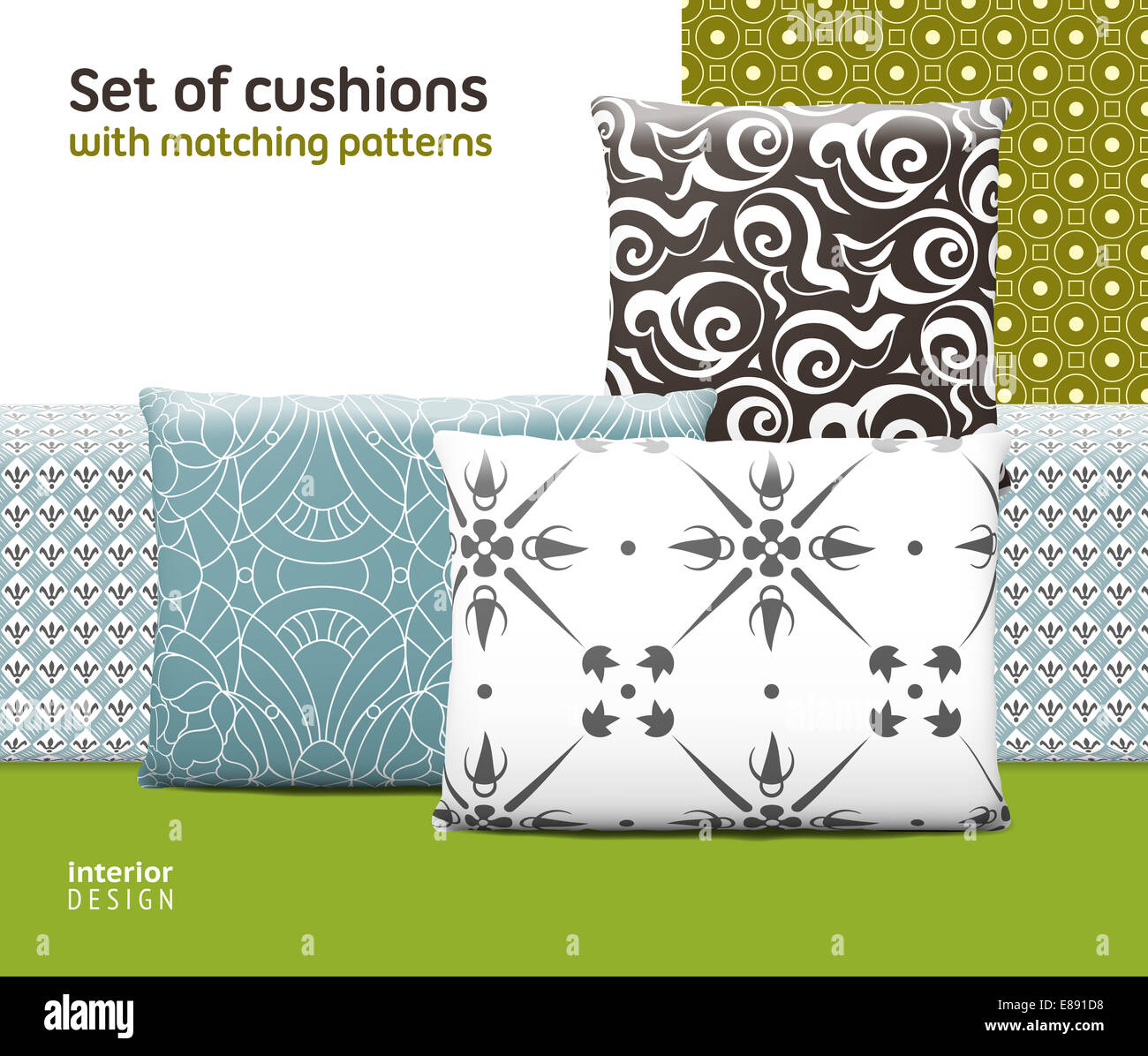 Set of cushions and pillows with matching seamless patterns. Interior ...
