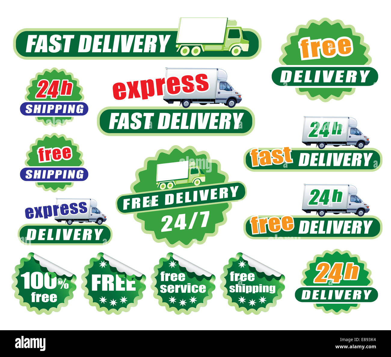 Set of green delivery signs with trucks and labels Stock Photo - Alamy