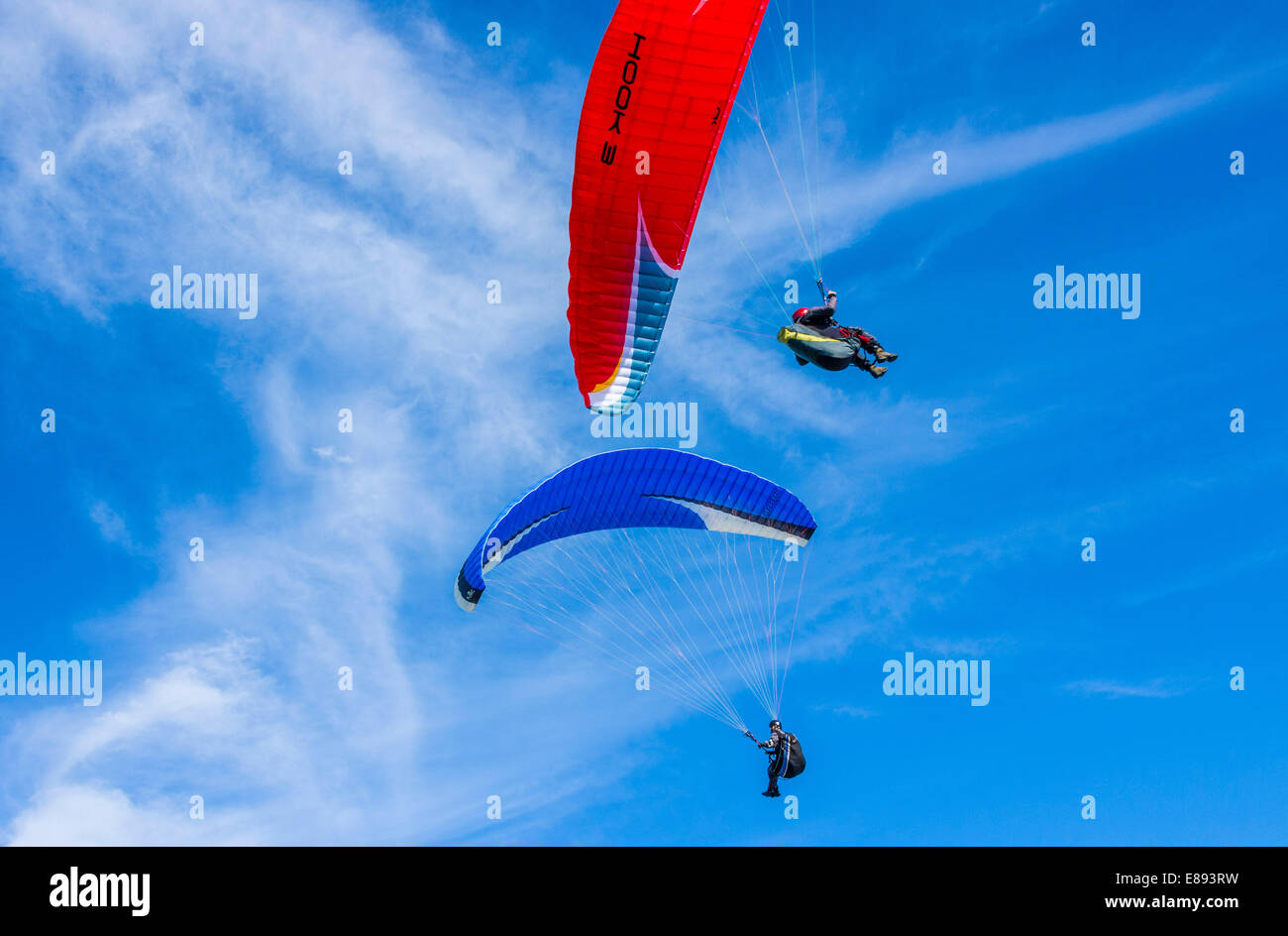 sky diver paraglider in clear blue sky with red kite and another with ...