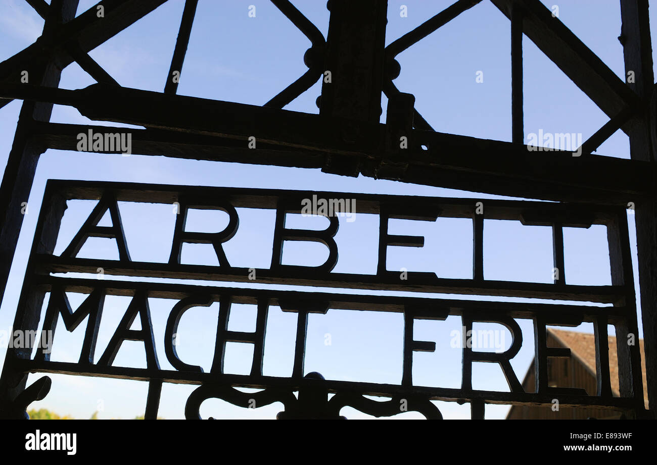 Germany, the Nazi concentration camp of Dachau. The gate of the camp ...