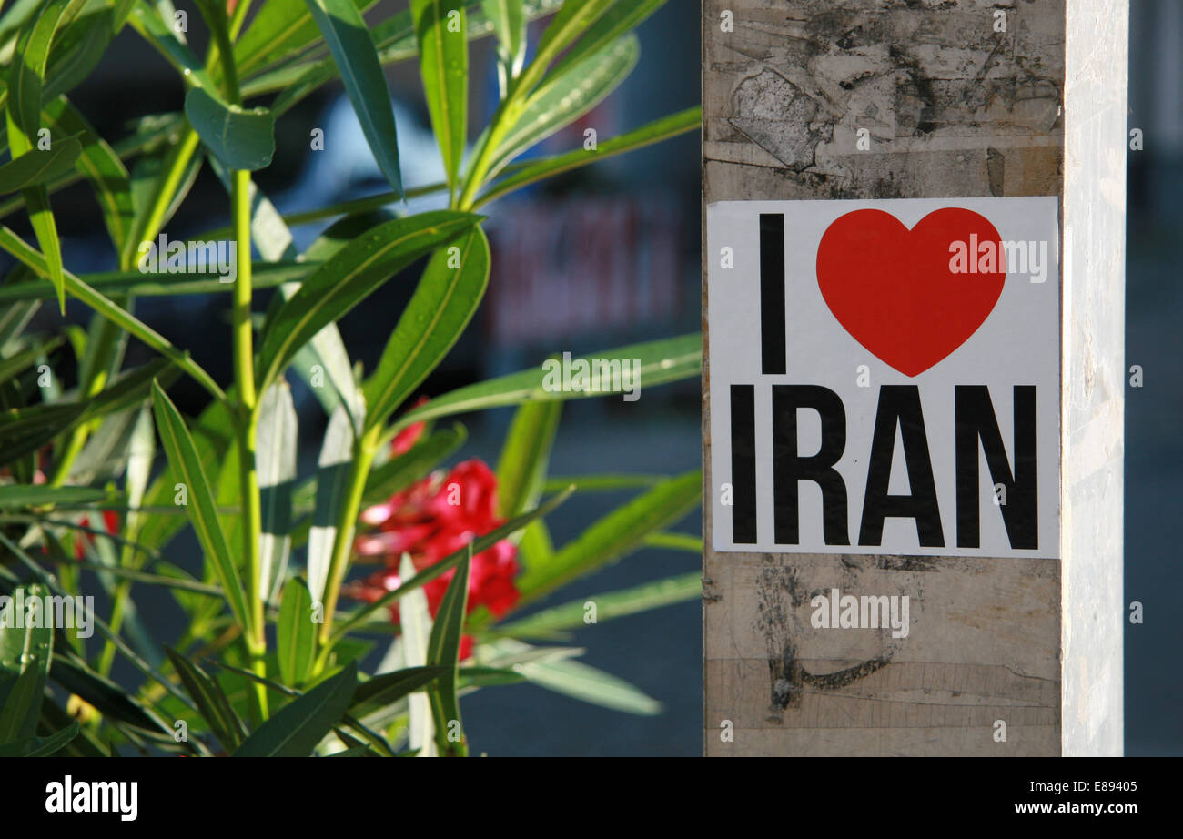 Berlin, Germany. 14th Aug, 2014. A sticker declaring "I love Iran ...
