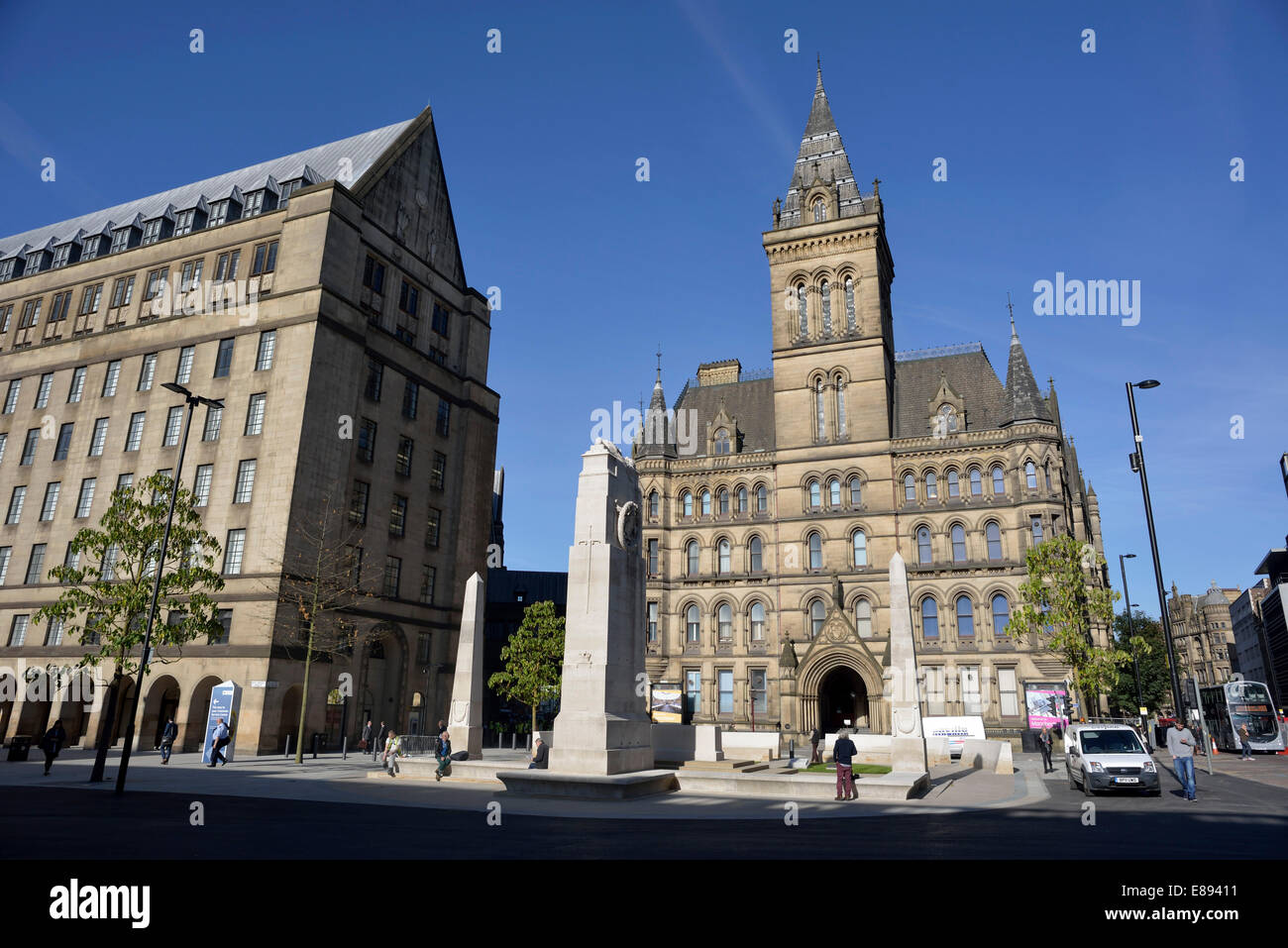Manchester, UK. 2nd October, 2014. The war memorial stands in its new ...