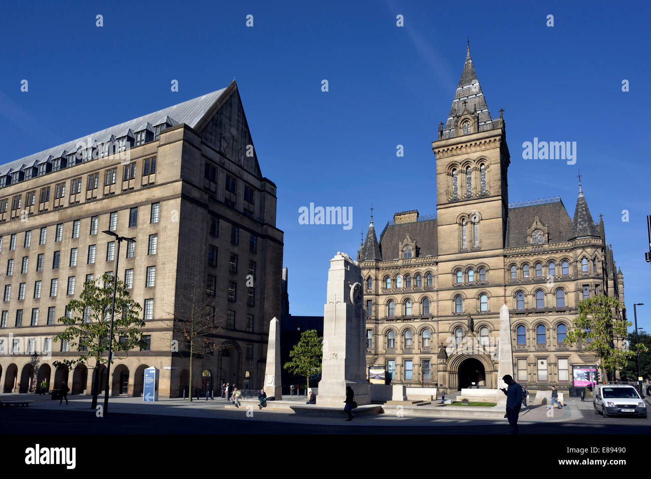 Manchester, UK. 2nd October, 2014. The war memorial stands in its new ...