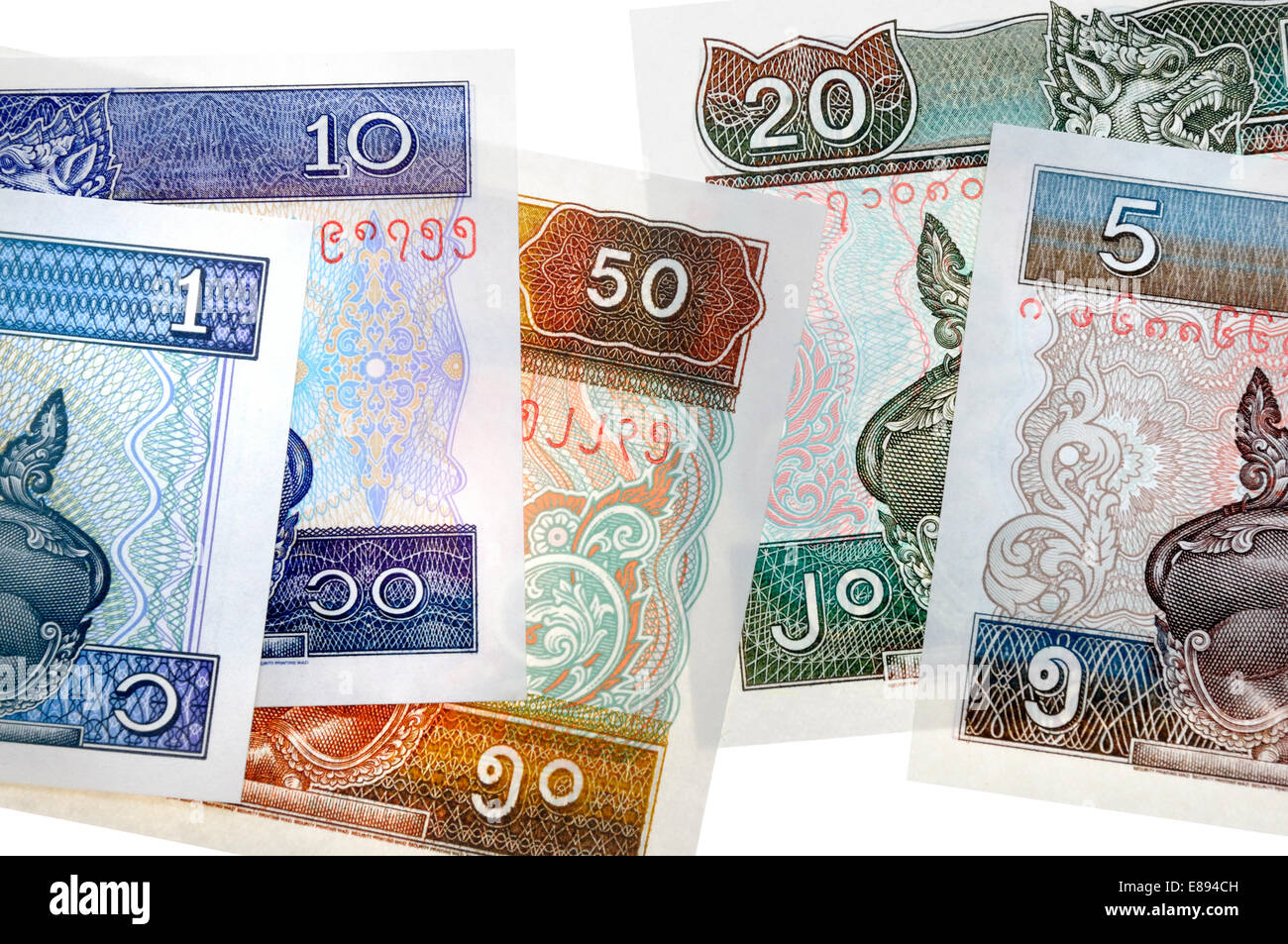 Myanmar / Burma banknotes. I 5 10 20 and 50 Kyatt notes, showing Arabic ...