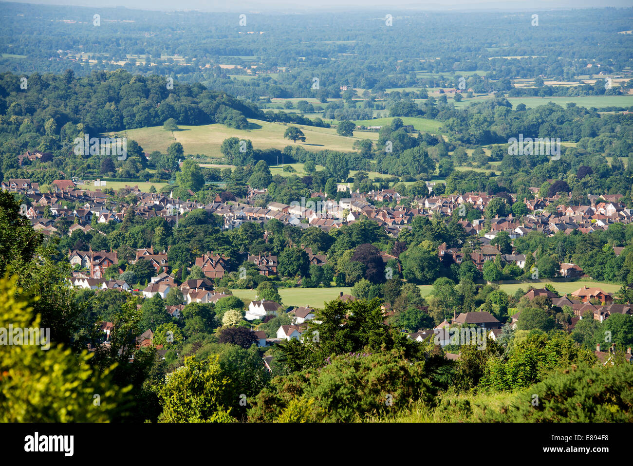 The Town of Reigate, at the foot of the North Downs, looking south from ...