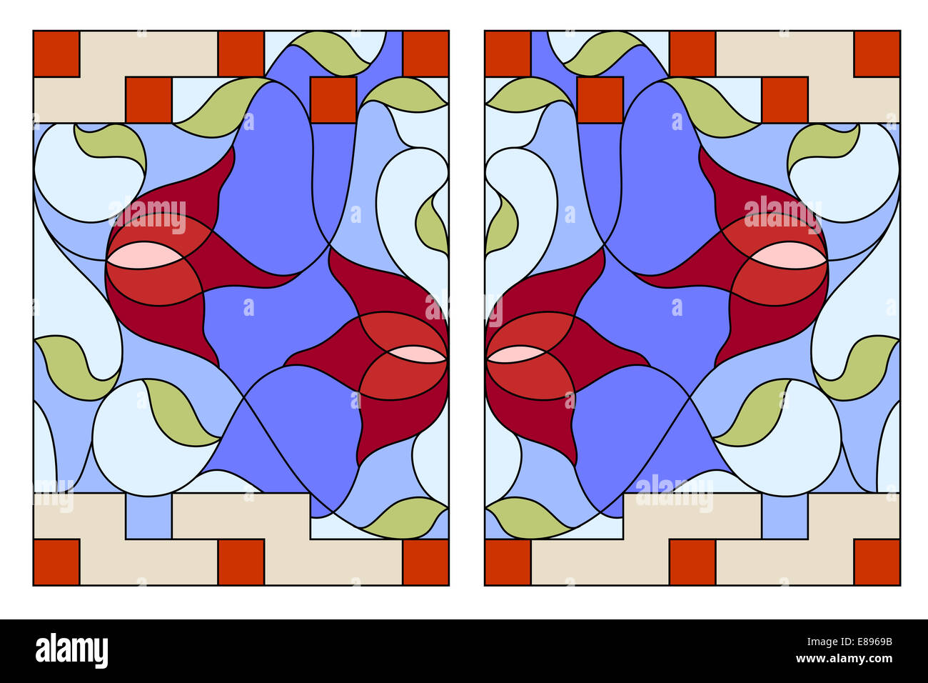 Stained glass window. Composition of stylized tulips, leaves, geometric ...