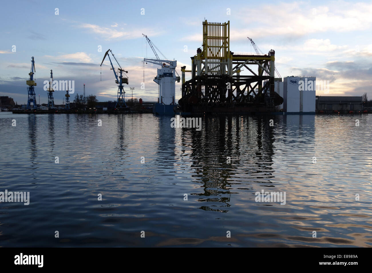 Wismar, Germany, transport vehicle Eide Barge 33 at dusk at the port ...