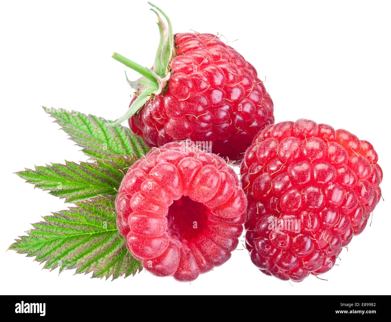 Three raspberries with leaves isolated on a white background Stock ...