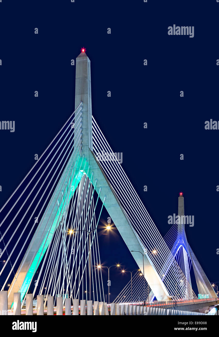 A view to the Leonard P. Zakim Bunker Hill Memorial Bridge at twilight ...