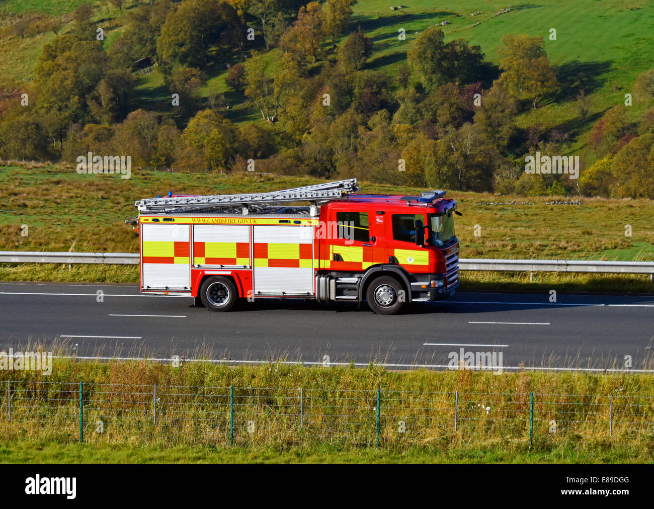 Cambridgeshire Fire and Rescue Appliance. M6 Motorway, northbound. Shap ...