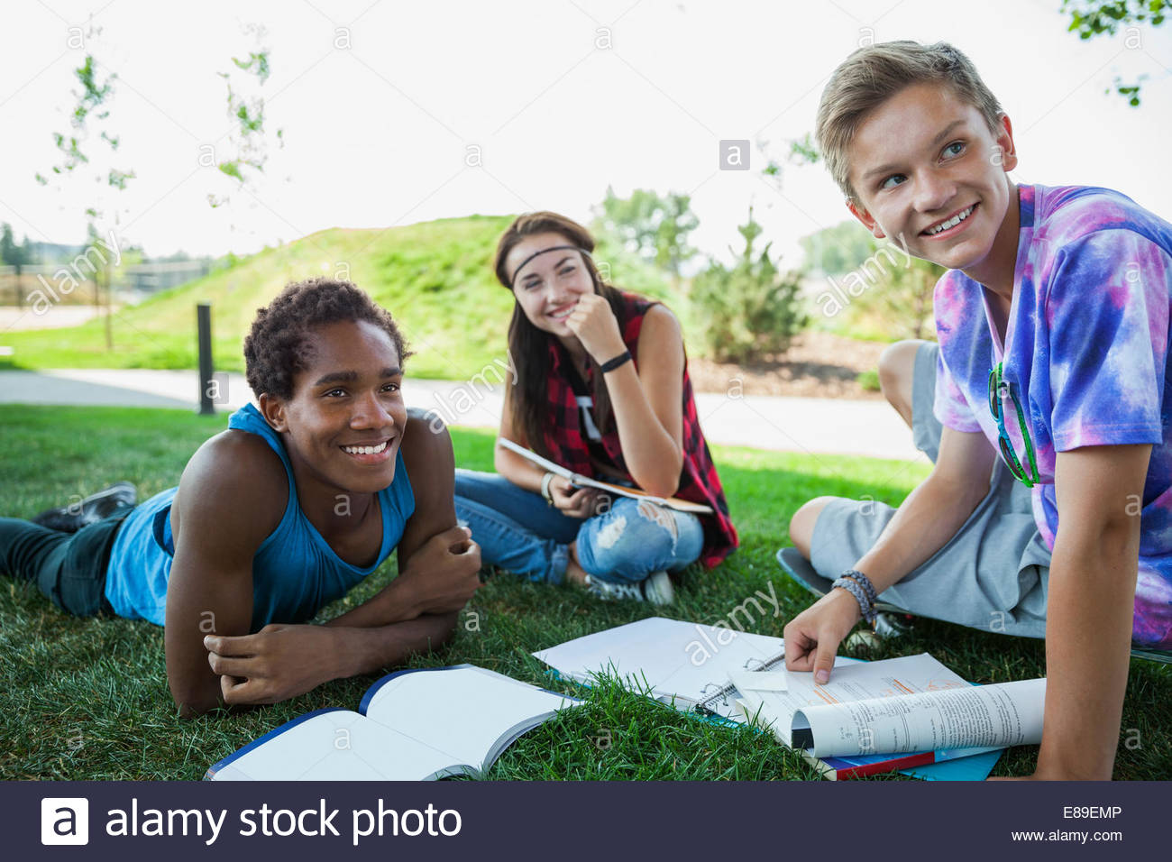 Teenagers doing homework in grass Stock Photo - Alamy