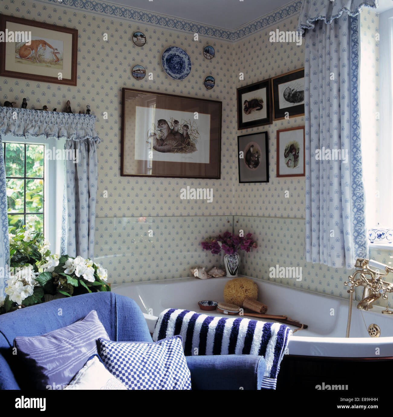 Perspex splash-back on wall above corner bath in cottage bathroom with ...