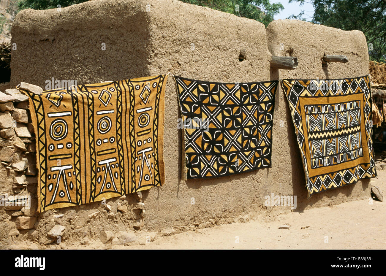 Hand-dyed Bogolans in Ende village in Dogon country, Mali Stock Photo ...