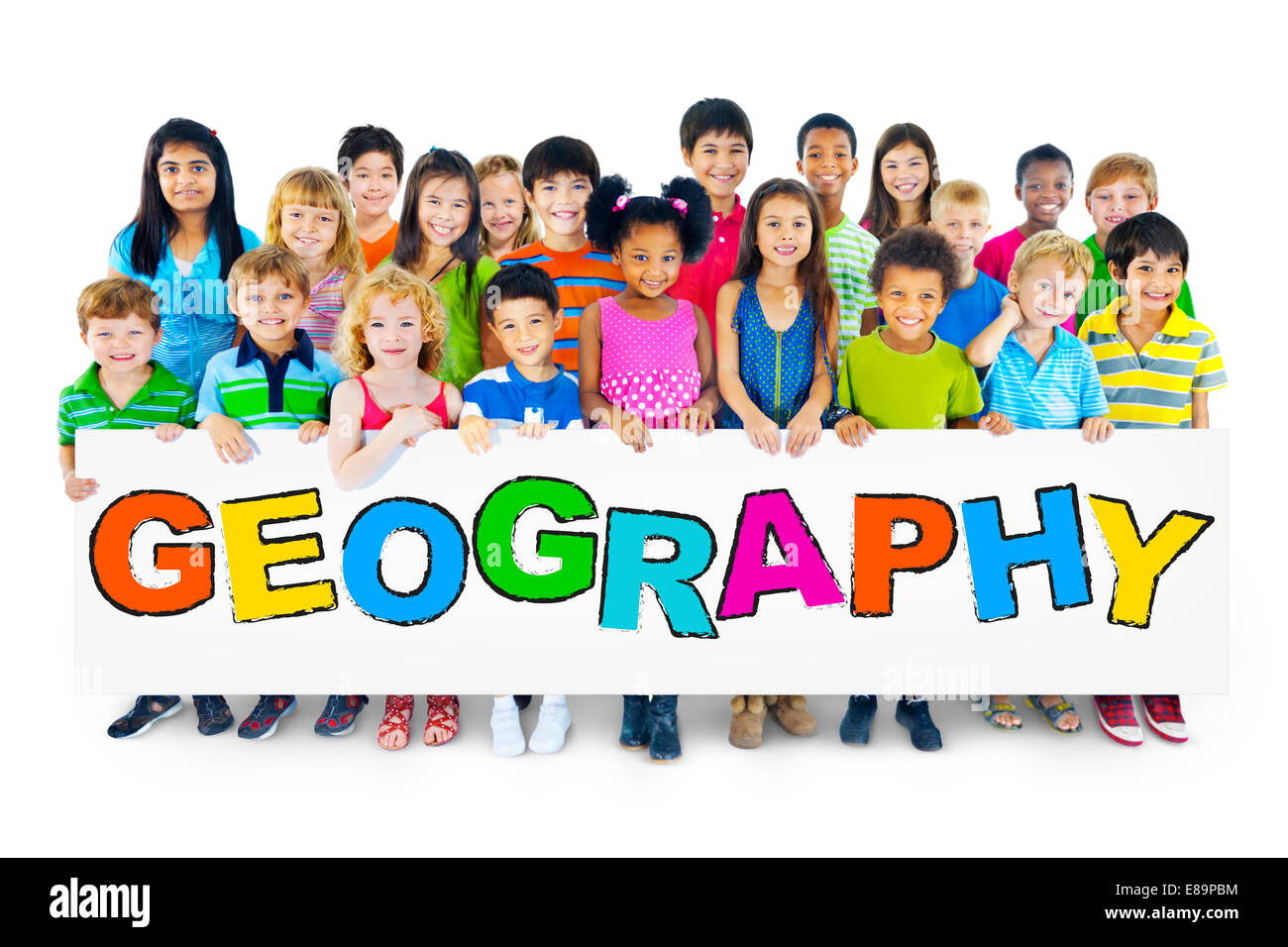 Diverse Cheerful Children Holding the Word Geography Stock Photo - Alamy