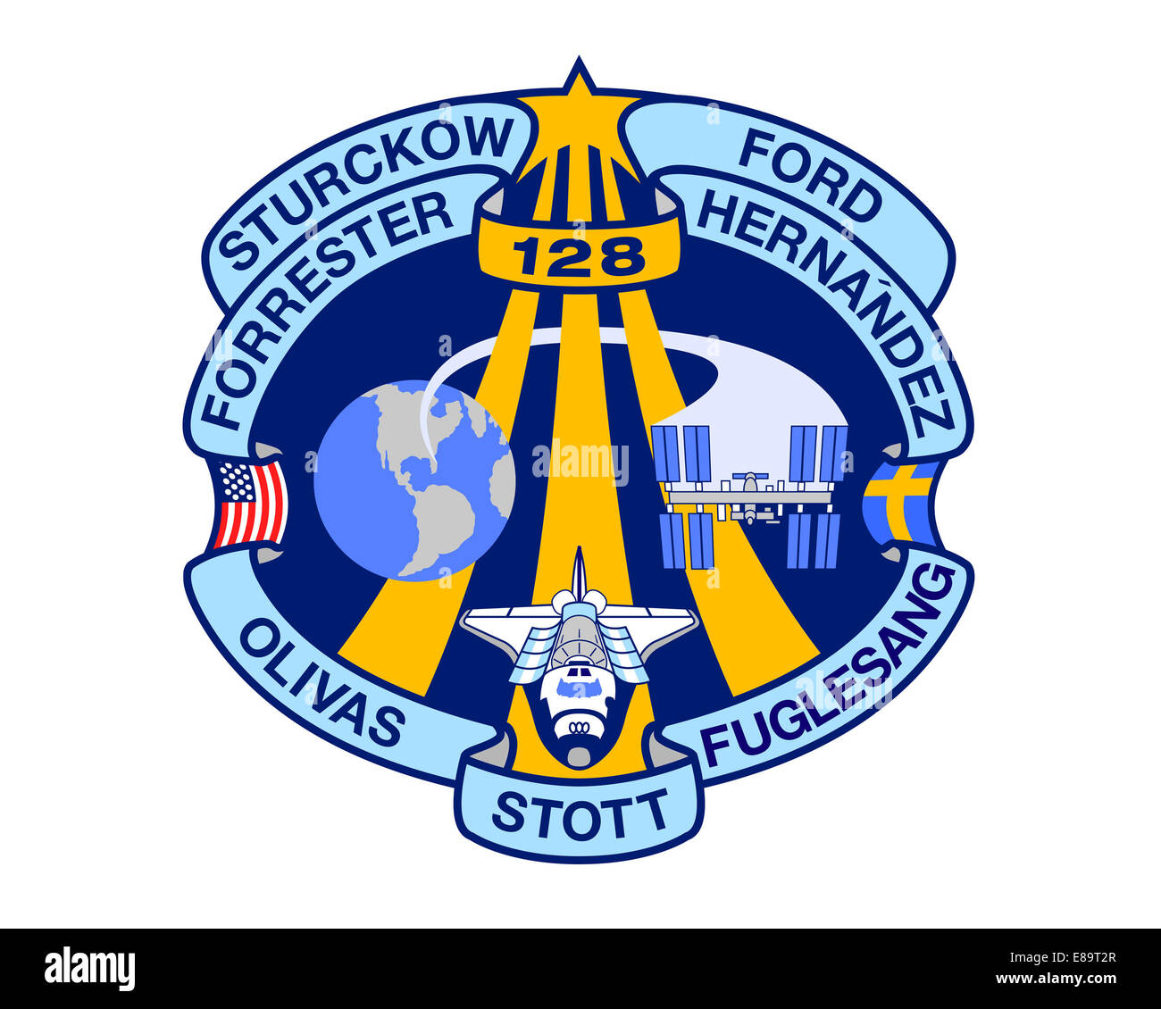 The STS-128 Space Shuttle mission patch represents crew members ...