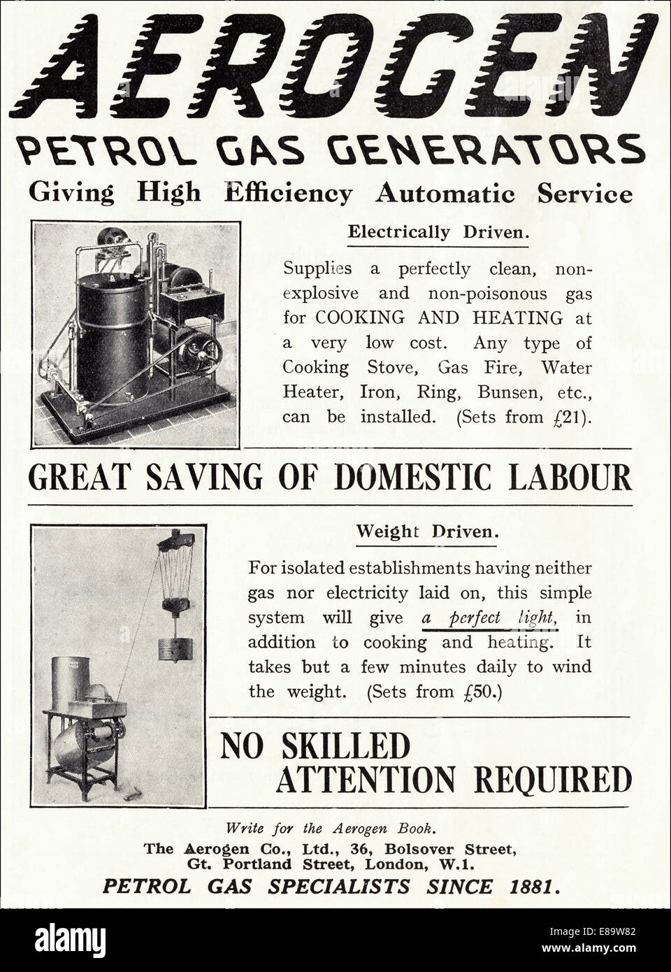 1920's advertisement for AEROGEN petrol gas generators in English ...