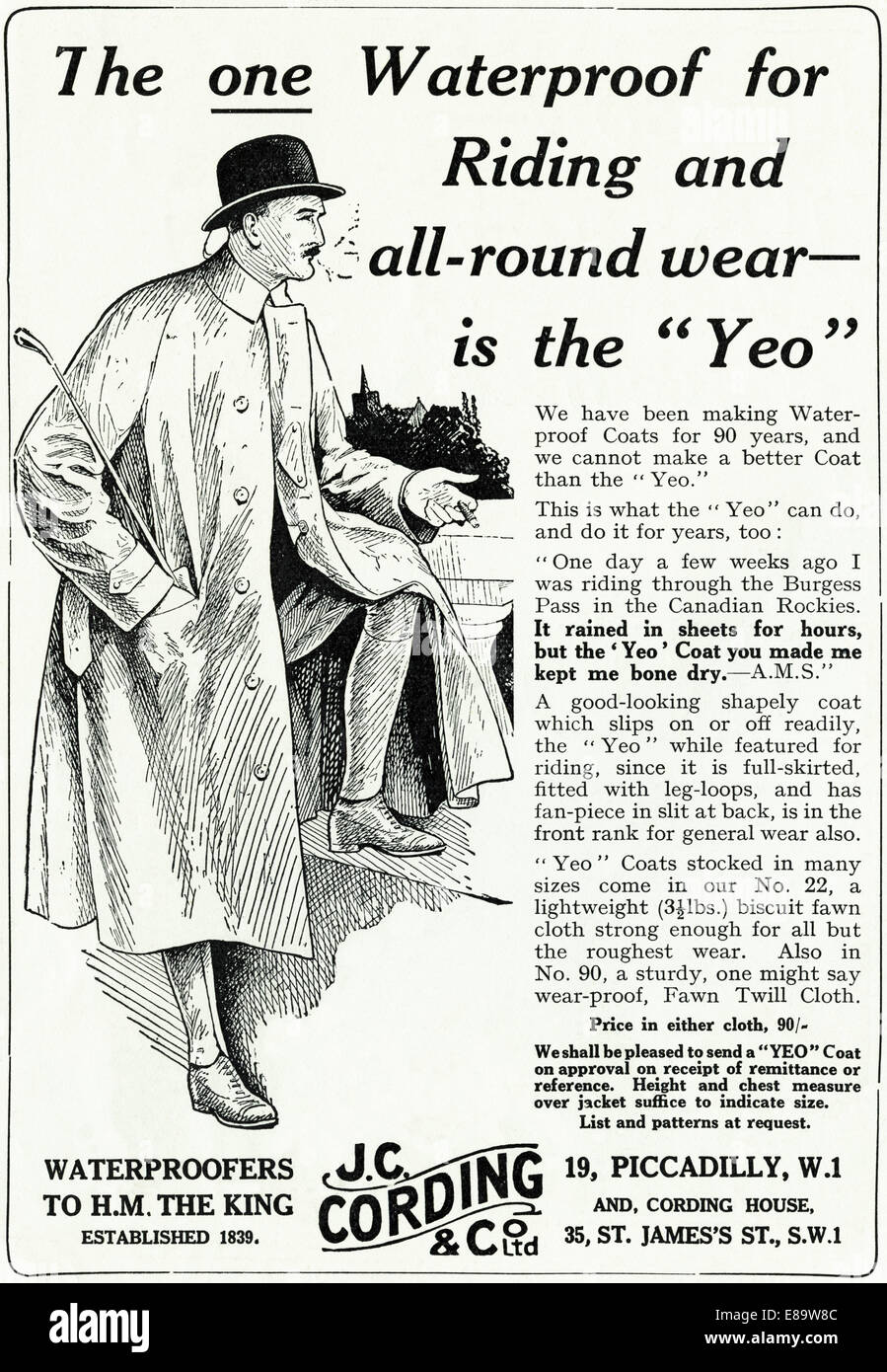 1920's advertisement for YEO waterproof riding coats by J.C. CORDING ...