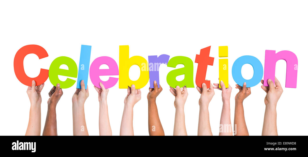 Multiethnic Arms Raised Holding Text Celebration Stock Photo - Alamy