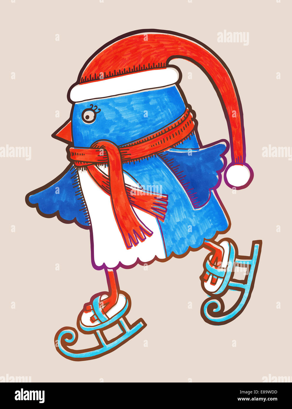 doodle penguin ice skating, marker illustration, merry christmas Stock ...