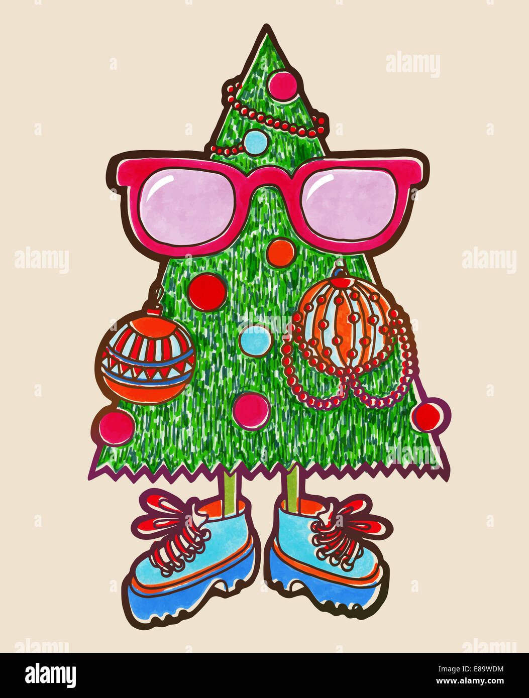 original marker drawing of animated christmas tree, hipster styl Stock ...