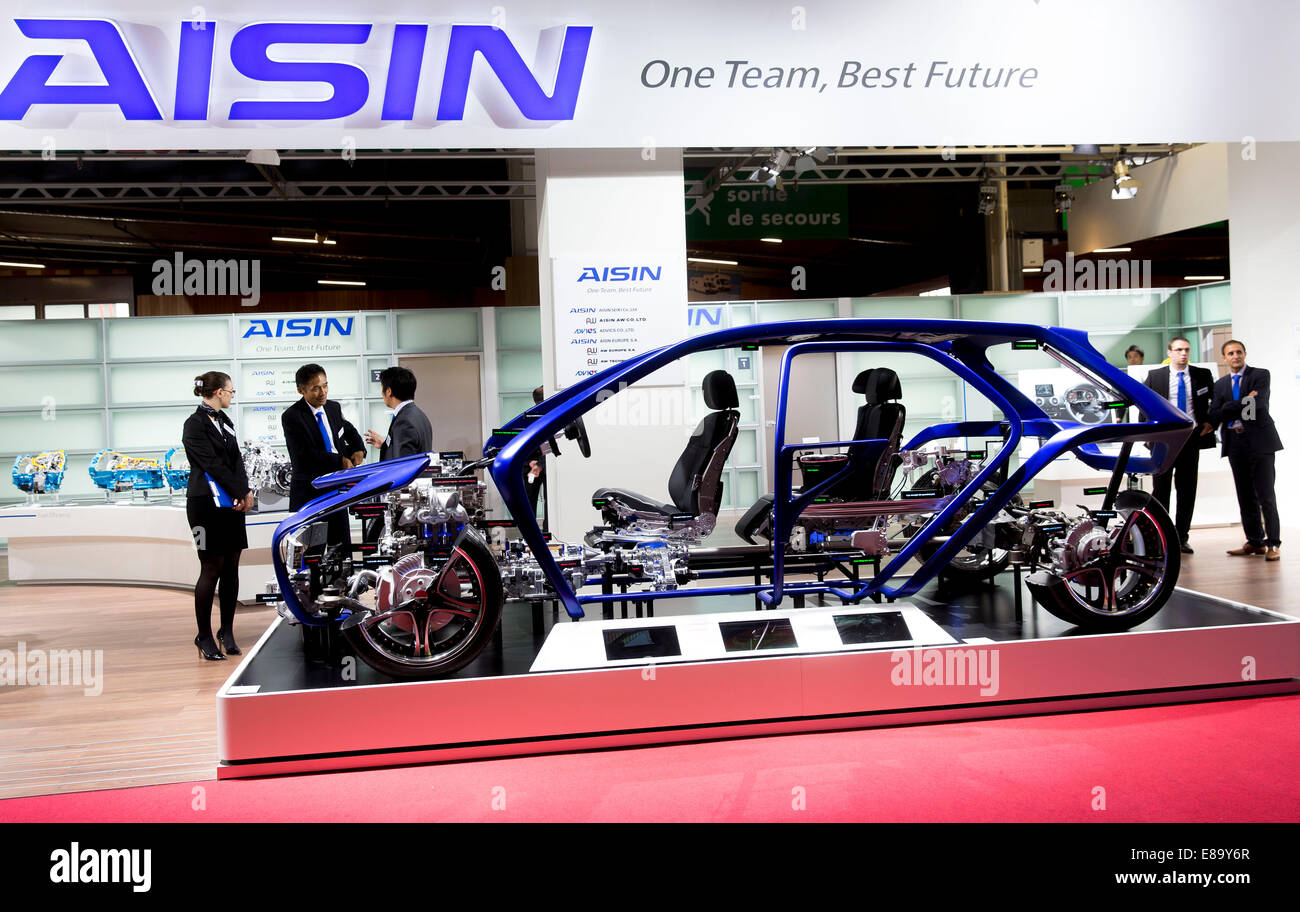 Aisin company stand on the first day of Paris International Motorshow ...