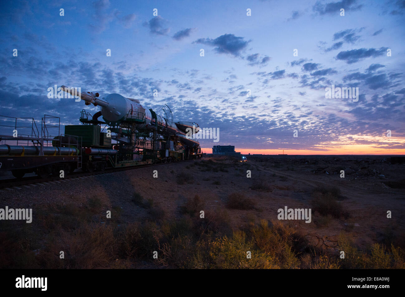 The Soyuz TMA-14M spacecraft was transported by train to the launch pad ...