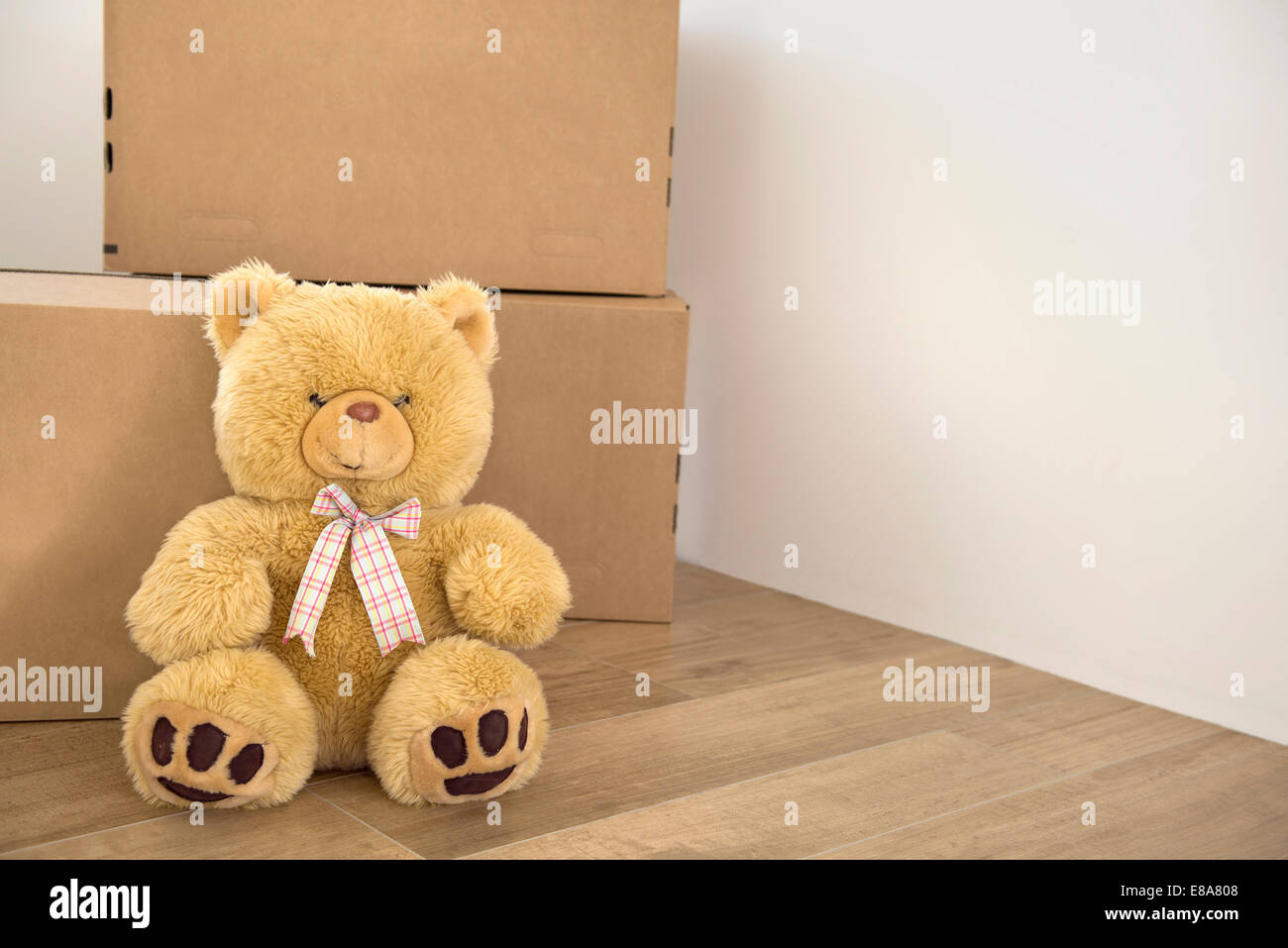 Teddy bear wooden floor alone cardboard boxes Stock Photo - Alamy