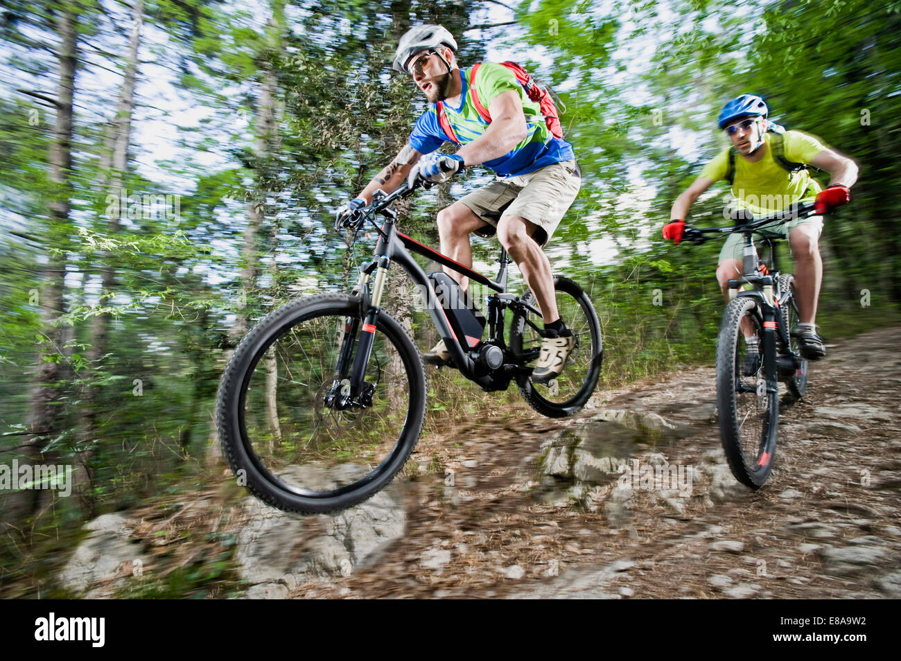Two Mountainbikers stunt racing forest track Stock Photo - Alamy