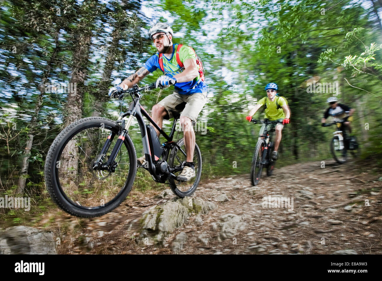 Three Mountainbikers stunt racing forest track Stock Photo - Alamy