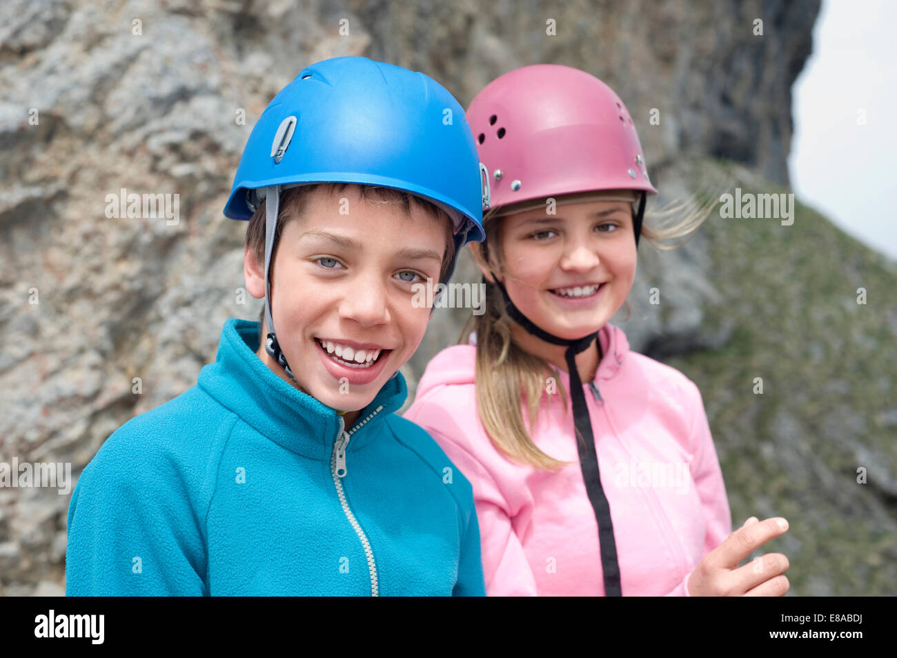 Portrait teenage boy girl climbing Alps helmet Stock Photo - Alamy
