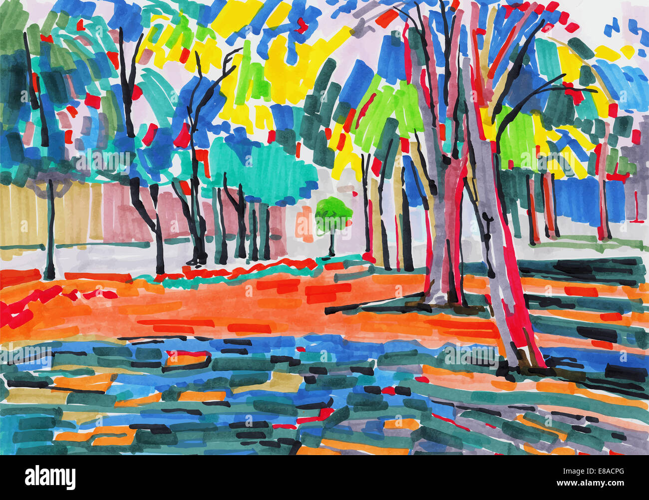 original unusual marker painting of tree landscape Stock Photo - Alamy