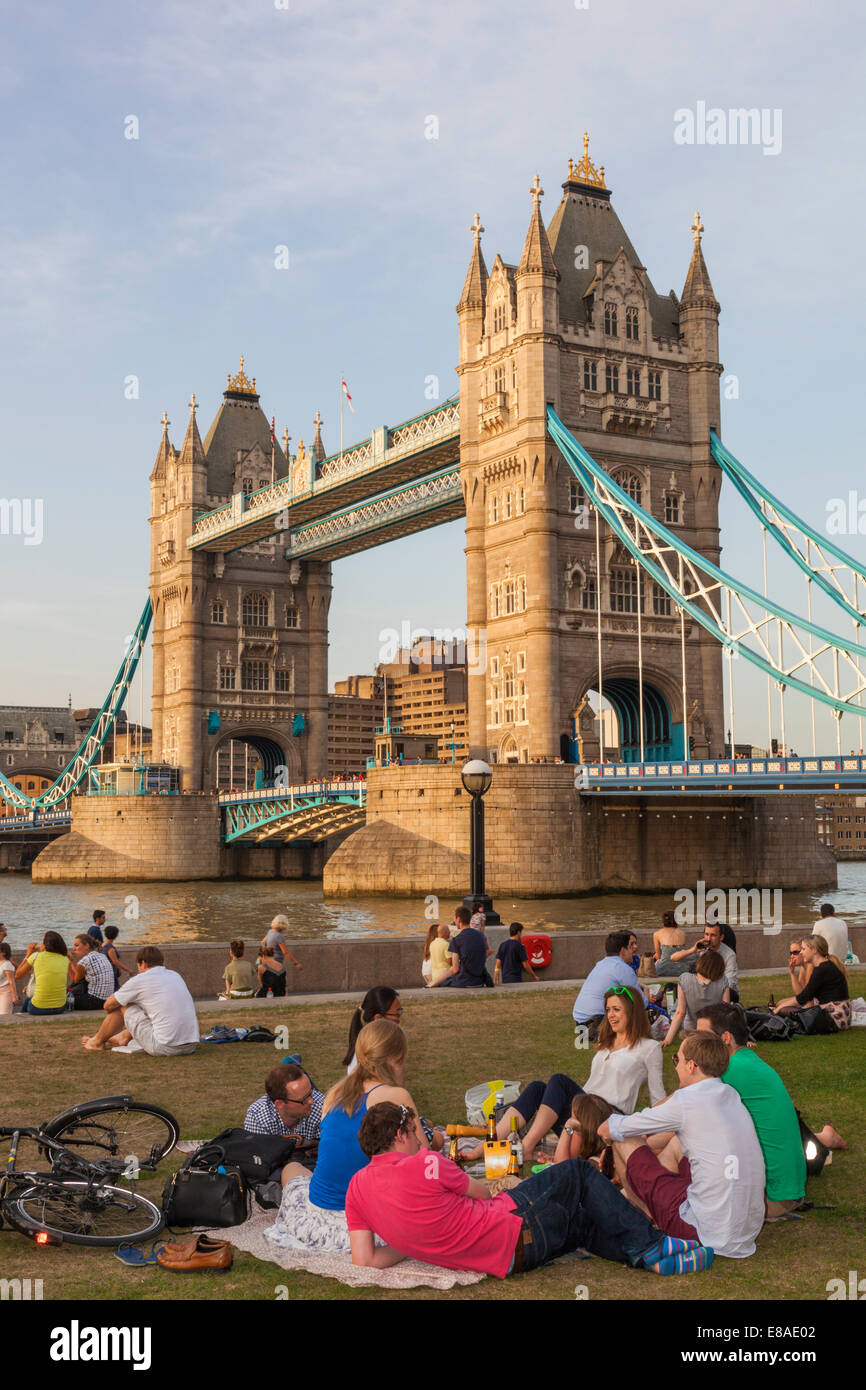 England, London, Tower Bridge, People Relaxing on Potters Field Stock ...