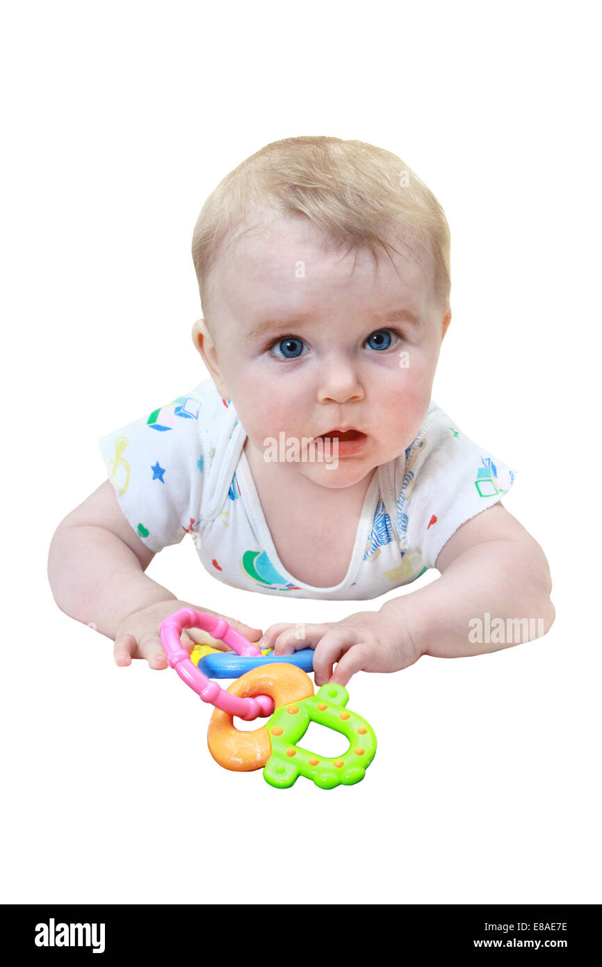 Infant with rattle in hands closeup portrait isolated on white ...