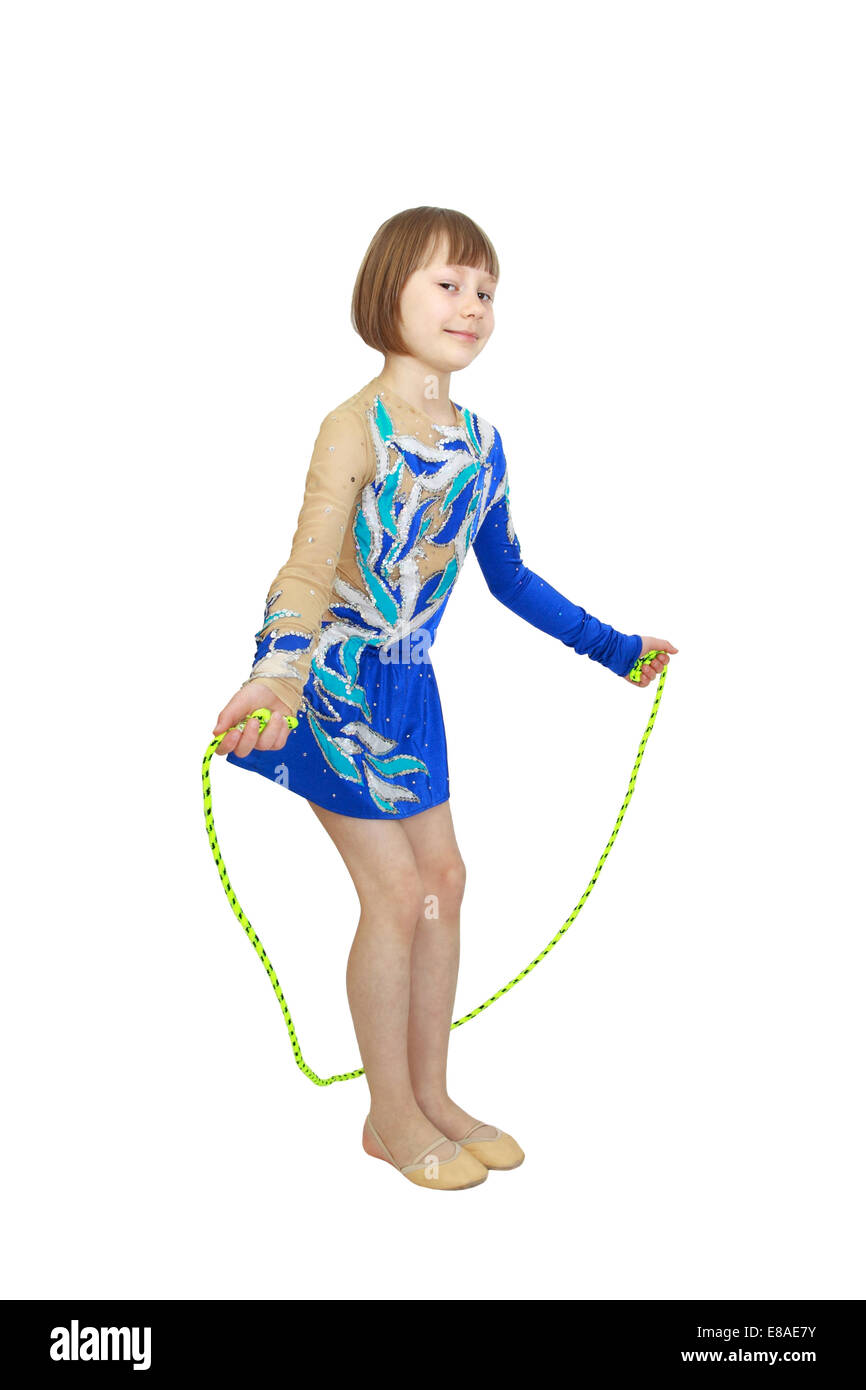 Girl in gymnastic suit jumping rope isolated on white background Stock ...