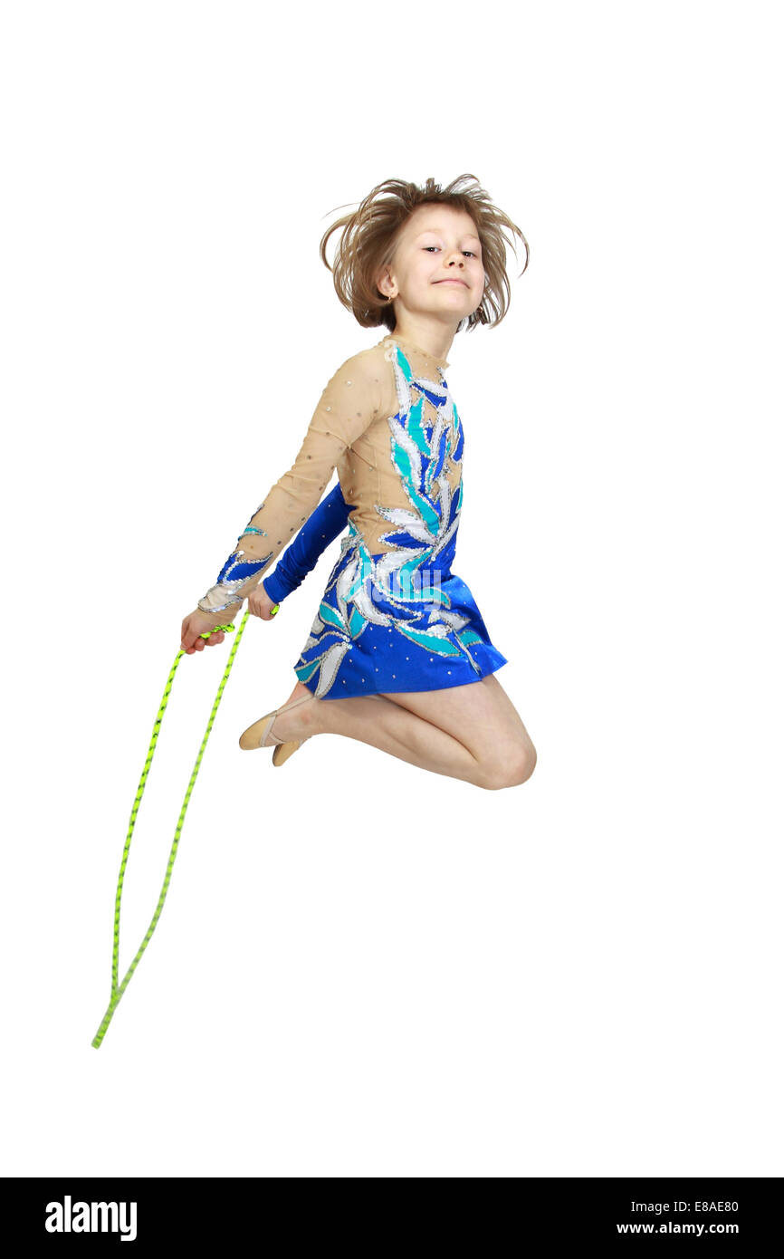 Girl in gymnastic suit jumping rope isolated on white background Stock ...