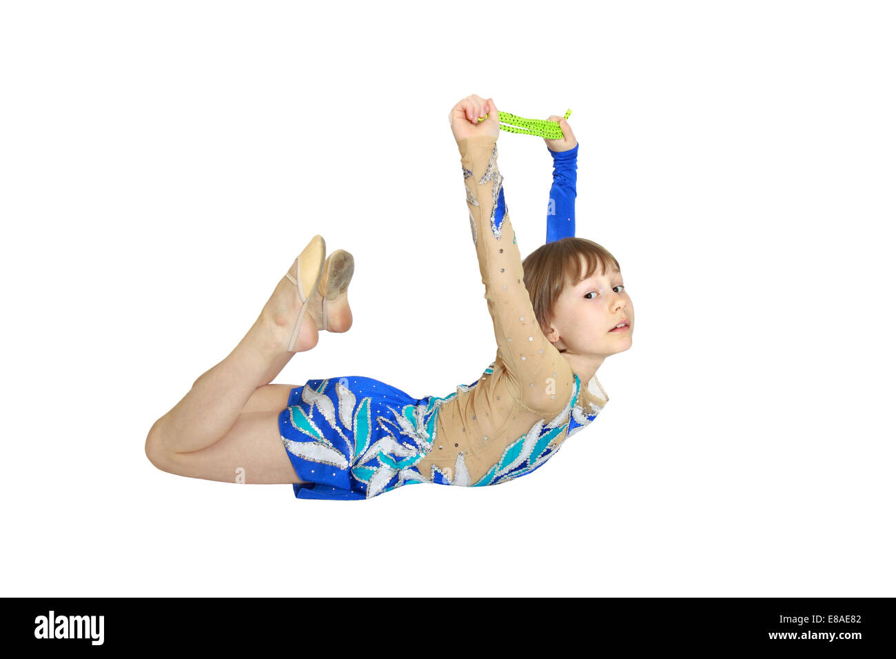 Girl in gymnastic position with rope isolated on white background Stock ...