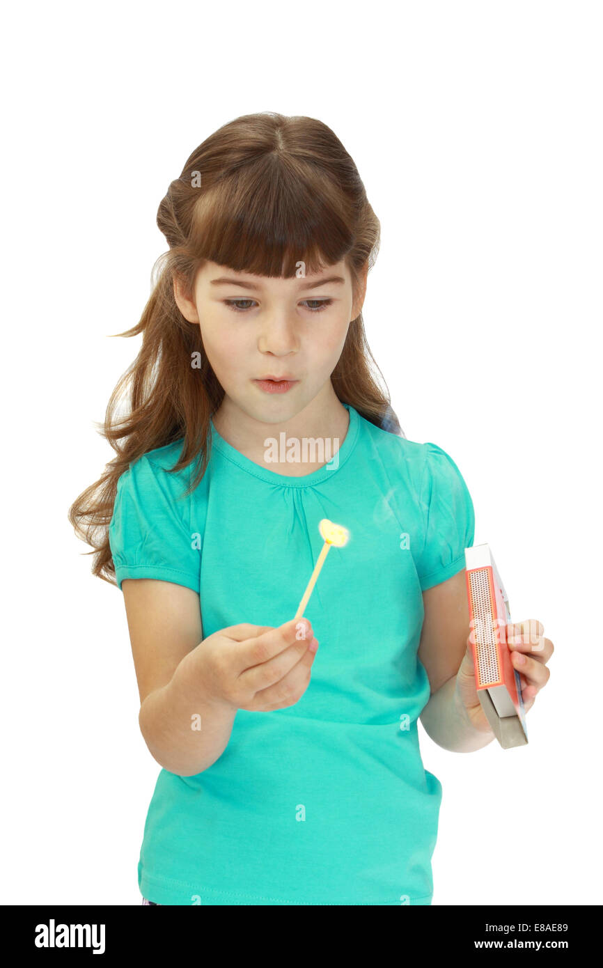 Girl holding in hand lighted match isolated on white background Stock ...