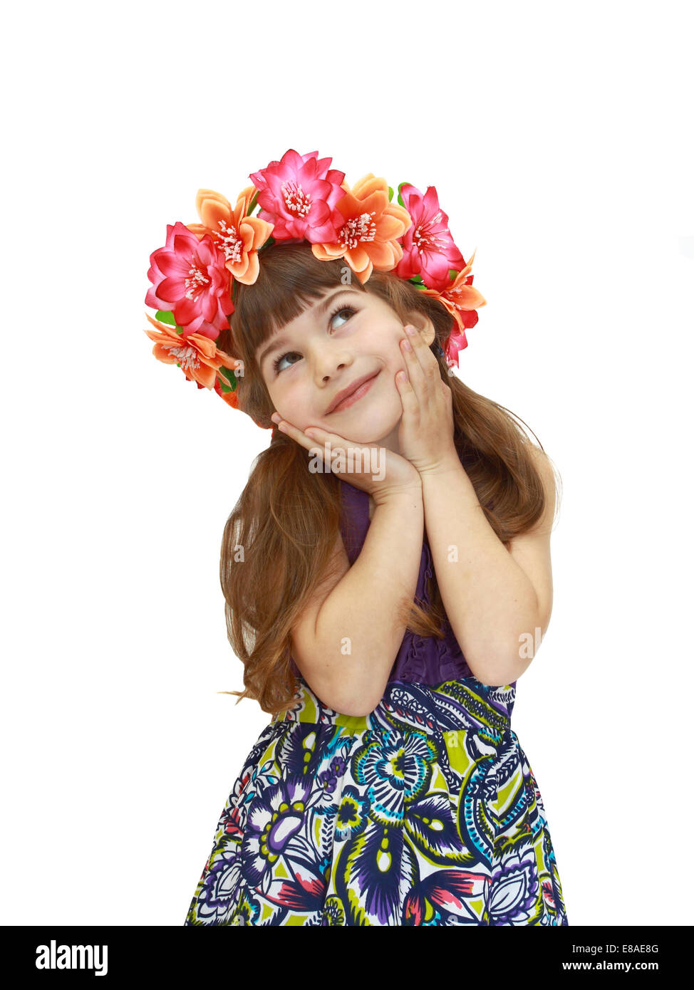 Girl with wreath on head with dreamy expression on face isolated on ...