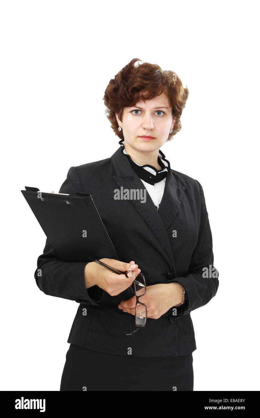 Business woman with serious face and with folder in hand isolated on ...