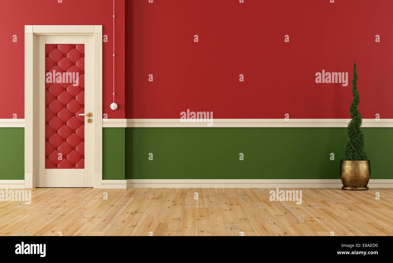 Red and green classic room with closed door without furniture Stock ...