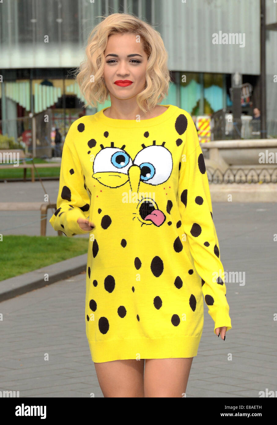 Rita Ora in Leicester Square wearing a Spongebob Squarepants outfit to ...