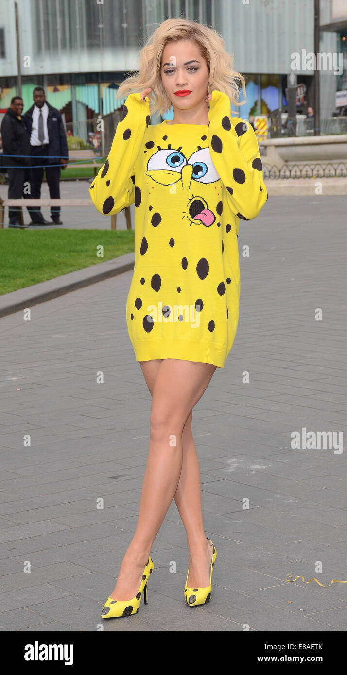 Rita Ora in Leicester Square wearing a Spongebob Squarepants outfit to ...